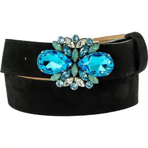 PEACHY BELTS LTD Suede Belt & Turquoise Crown Jewels Diamante Buckle - Black