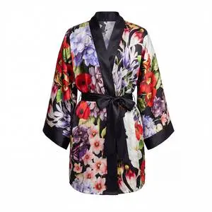 VIMISSIA Wild Bloom Short Silk Kimono Stile Robe - Black