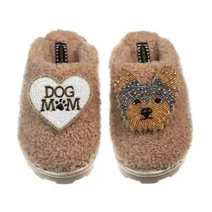 LAINES LONDON Teddy Towelling Closed Toe Slippers With Embellished Brooches - Brown