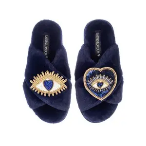 LAINES LONDON Classic Laines Slippers With Double Heart & Love Eye Brooches Navy - Blue