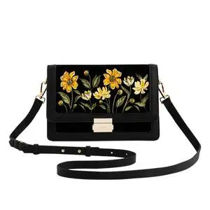 FABLE ENGLAND Botanical Velvet Embroidered Foldover Bag - Black