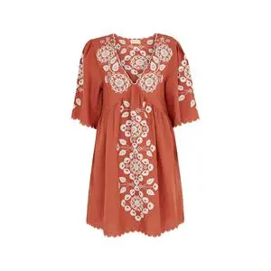 RAFFYA Arabella Linen With White Embroidered Mini Dress - Brown