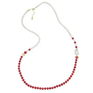 FARRA Freshwater Pearls And Red Coral With Baroque Pearl Timeless Necklace - White/red