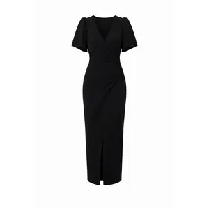 GIRL IN MIND Freya Puff Sleeve Wrap Neck Ruched Midi - Black