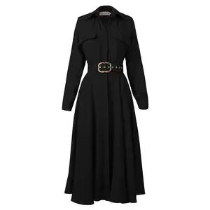 ALINA CERNATESCU Patty Classic Sustainable Viscose Midi Dress With Pockets And Textile Belt - Black