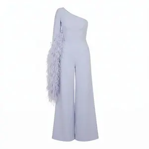 NOMI FAME Asymmetric One-shoulder Feather Jumpsuit - Blue