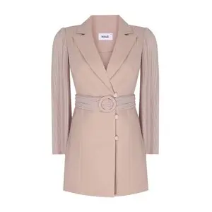 NALÈ Pleated Sleeves Blazer With Detachable Belt & Palazzo Wide Leg Trouser Suit - Brown
