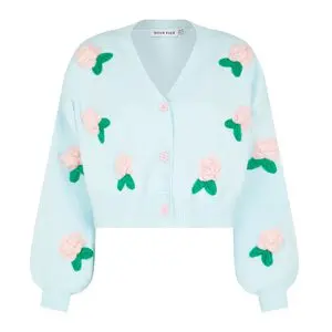 SOUR FIGS Flower Detail Knit Cardigan In Baby - Blue
