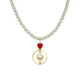 ARACHELI STUDIO Geometric Heart X Pearls Necklace - Red
