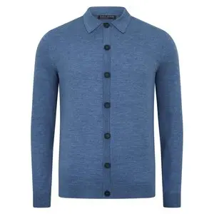PAUL JAMES KNITWEAR Extra Fine Merino Wool Cassiuss Polo Cardigan Denim - Blue