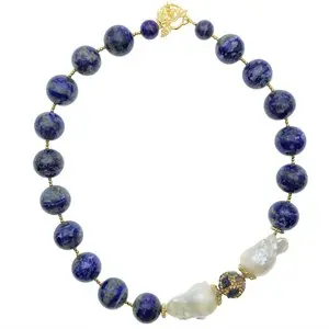 FARRA Natural Round Lapis With Baroque Necklace - Blue/white