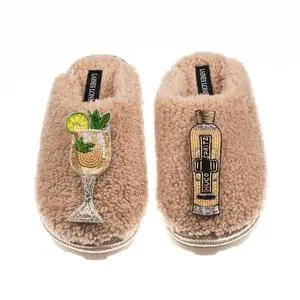 LAINES LONDON Laines London Teddy Towelling Closed Toe Slippers With Embellished Brooches Brown