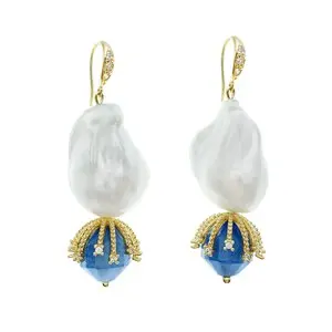 FARRA Blue / White Baroque Pearl With Blue Aventurine Dangle Earrings - Blue/white