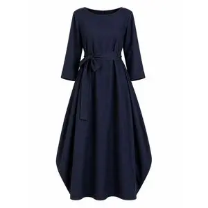 NIKKA PLACE Maxi Linen Kaftan Dress With Tie Detail - Blue