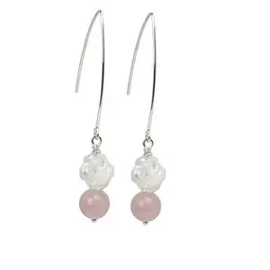 AMONTA White / Pink / Silver Mother Of Pearl Rose & Rose Quartz Drop Earrings - White/pink/silver