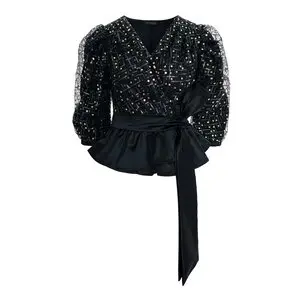CONCEPT A TROIS Sequin Top With Puff Sleeves
