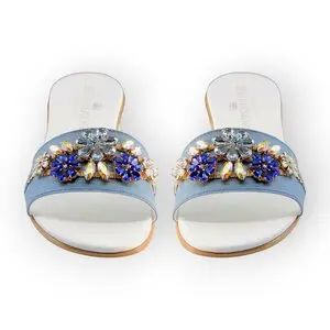DAMAPREZIOSA Blue / White Flora Denim Mule Sandals With Sapphire Crystals - Blue/white