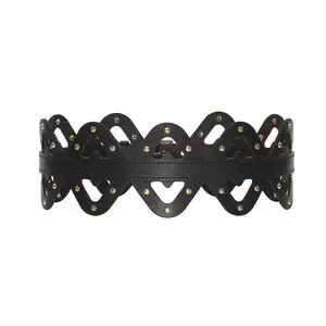 HAUTE CUIR Rivetted Diamond Cutout Leather Belt - Black