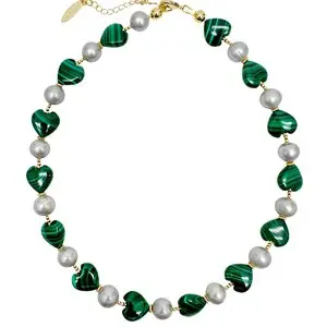 FARRA Heart-shaped Malachite With Gray Freshwater Pearls Statet Necklace - Green