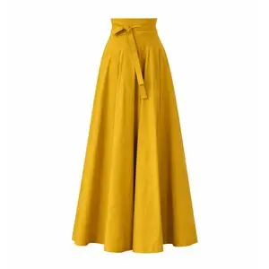 NIKKA PLACE Maxi Flared Cotton Skirt With Tie Belt - Yellow