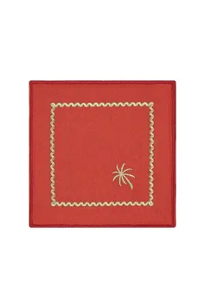 ROUMÉLIE ORIENTALE Brick Embroide Cocktail Napkin Set Of Four “ Brick Palm Charm - Red