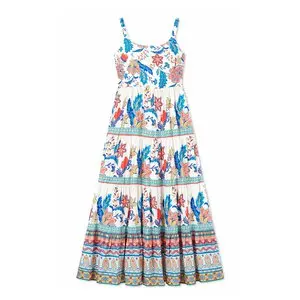 YUMI Boho Block Print Tiered Maxi Dress
