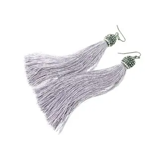 AMY DELSON JEWELRY Grey / Silver Silky Grey Tassel Faceted Crystal Earrings - Grey/silver