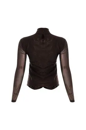 EXQUISE Drew Blouse Draped Mesh Turtleneck Blouse - Brown
