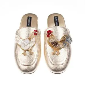 LAINES LONDON Classic Mules With Chicken & Rooster Brooches - Gold