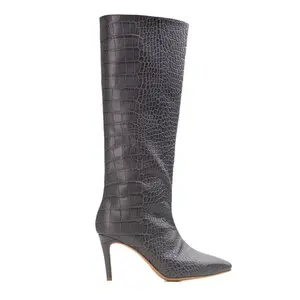GINISSIMA Ilona Embossed Leather Boots, Under Knee - Grey