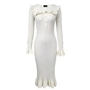 CHANEL JOAN ELKAYAM Wool Blend Ribbed Knit Dress With Ruffled Details - White