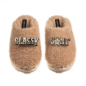 LAINES LONDON Teddy Slippers With Embellished Brooches