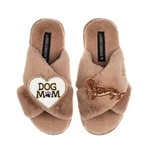 LAINES LONDON Embellished Faux Fur Cross Strap Slippers - Brown