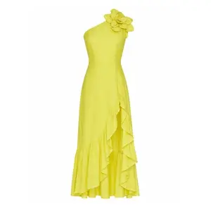 Yumi Kim Linen Maxi Dress With Flower Applique And Ruffle Hem - Yellow