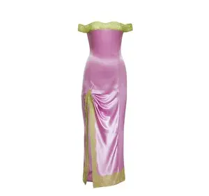 MAISON SEL Lilac Silk Dress With Green Lace Aplique Details - Pink