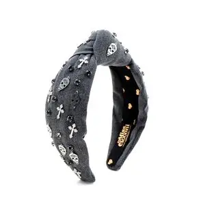 MISS CICCONI Grey / Black Vivienne Headband Grey Denim Black Crystals, Skulls And Crosses - Grey/black