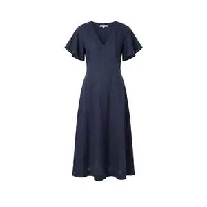 Adrift Clothing Tatum Linen Flutter Sleeve Dress In Navy - Blue