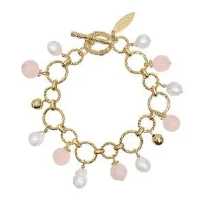 FARRA Rose Quartz & Pearl Chain Bracelet - Pink