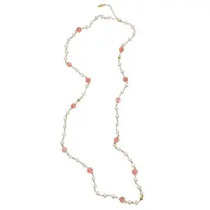 FARRA Freshwater Pearls And Watermelon Quartz With Rose Charms Long Necklace - Pink