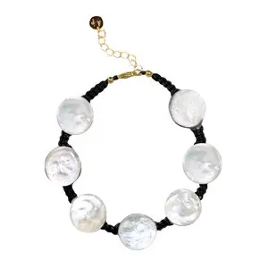 ADRIANA PAPPAS DESIGNS Coin Pearl Anklet On Colored Cord - Black