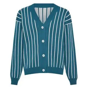 INGMARSON Blue / White Thin Striped Wool & Cashmere Cardigan