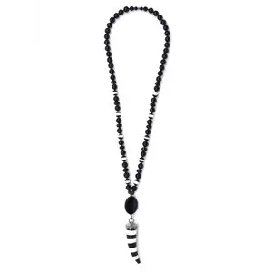Shar Oke Black / White Black & White Tibetan Agate, Black Onyx & Stripped Resin Pendant Beaded Necklace - Black/white