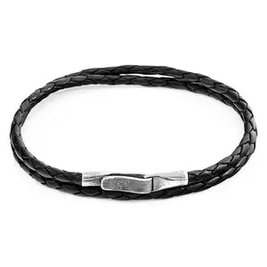 ANCHOR & CREW Silver / Black Coal Black Liverpool Silver & Braided Leather Bracelet - Silver/black