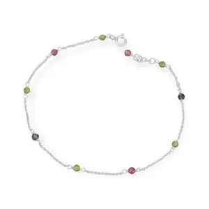 MOUNIR LONDON Green / Pink / Silver Multicoloured Beaded Silver Anklet - Green/pink/silver