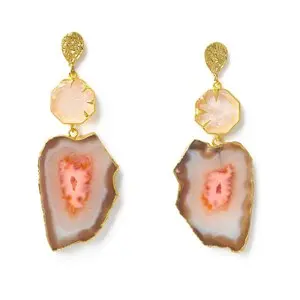 YAA YAA LONDON Neutrals 'hold On' Rose Quartz Agate Gemstone Gold Statet Earrings - Yellow