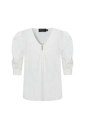 EXQUISE Regular Puff Sleeve Poplin Keyhole Blouse - White
