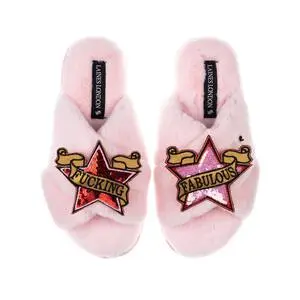 LAINES LONDON Classic Laines Slippers With Red & Fucking Fabulous Brooches - Pink
