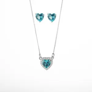 CHIARELLA Silver / Blue Central Heart Set- Sky Blue: Necklace + Earrings - Silver/blue