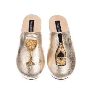 LAINES LONDON Softie Slippers With Champagne Glass And Bottle Brooches - Gold