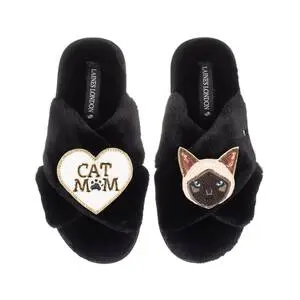 LAINES LONDON Classic Laines Slippers With Cat Mum / Mom & Siamese Cat Brooches - Black